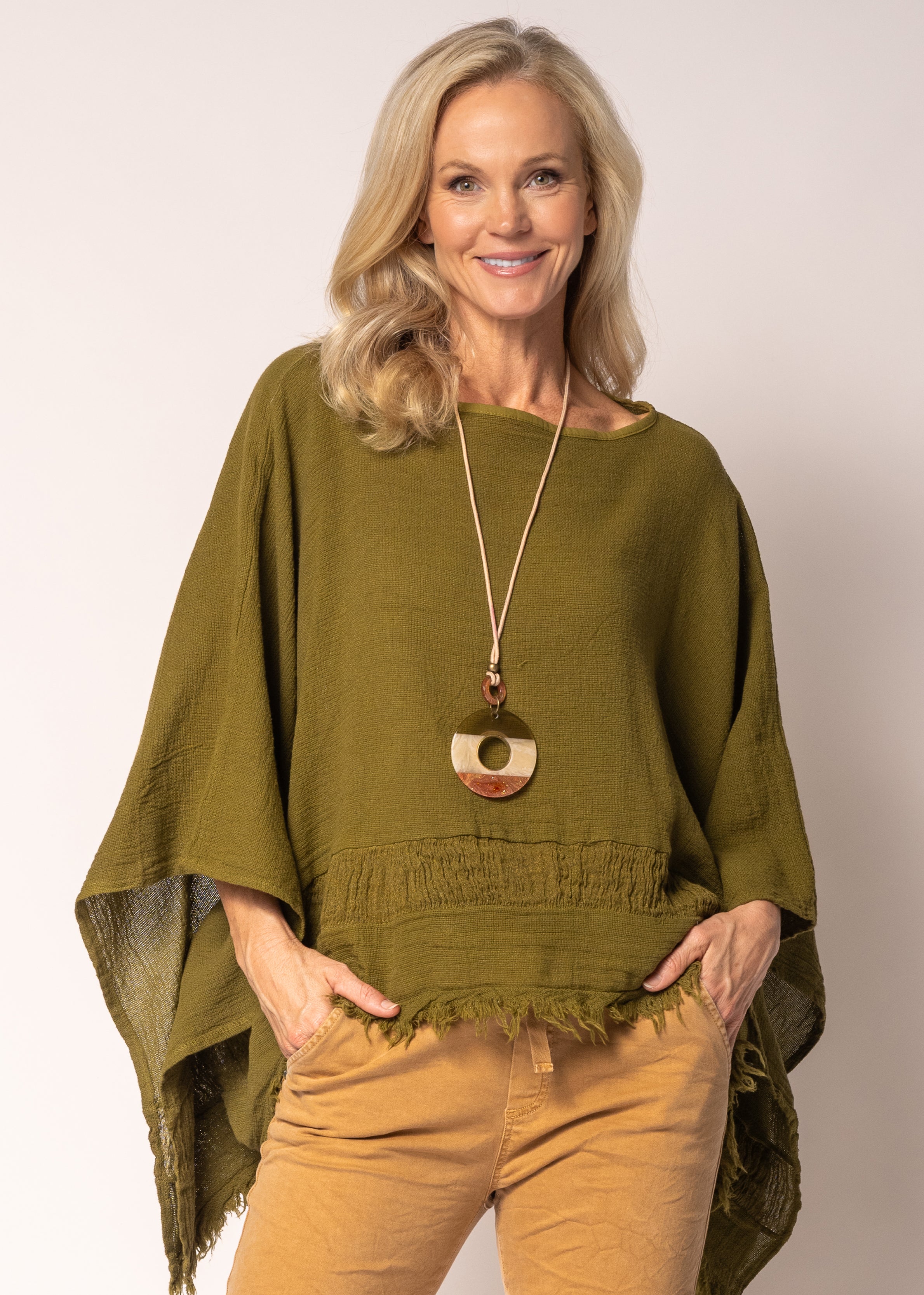 Teegan Linen Top in Green Olive - Imagine Fashion