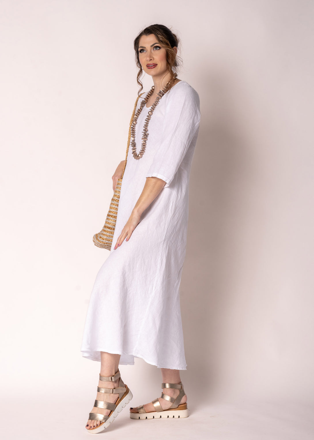 Brontie Linen Dress in White - Imagine Fashion
