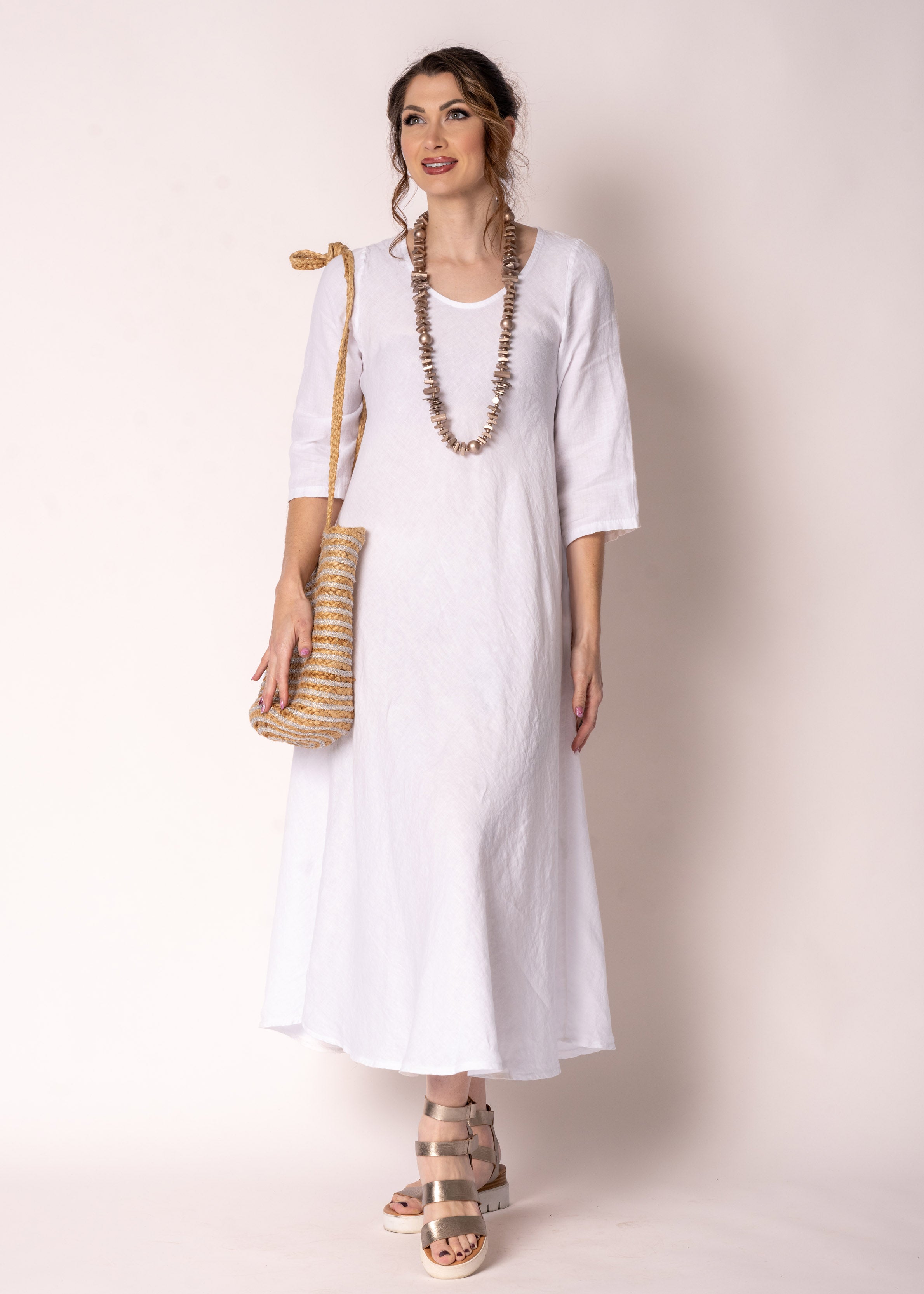 Brontie Linen Dress in White - Imagine Fashion